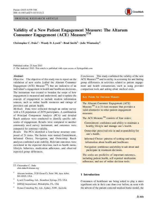 (PDF) Validity of a New Patient Engagement Measure: The Altarum ...