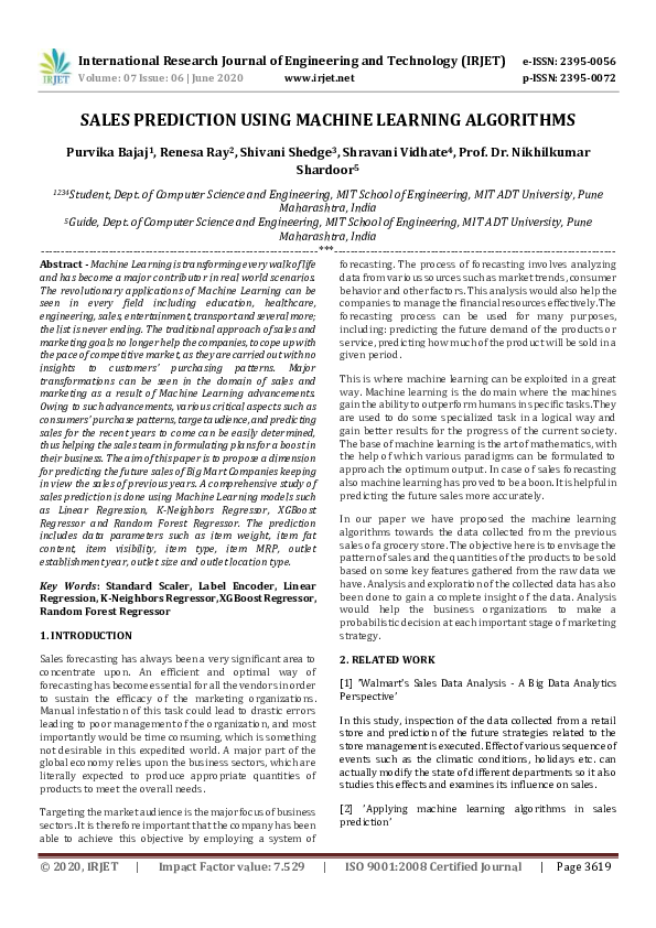 (PDF) Sales Prediction Using Machine Learning Algorithms