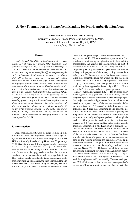(PDF) A New Formulation for Shape from Shading for Non-Lambertian Surfaces