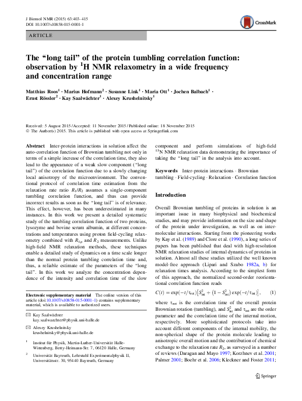 (PDF) The “long tail” of the protein tumbling correlation function: observation by 1H NMR ...
