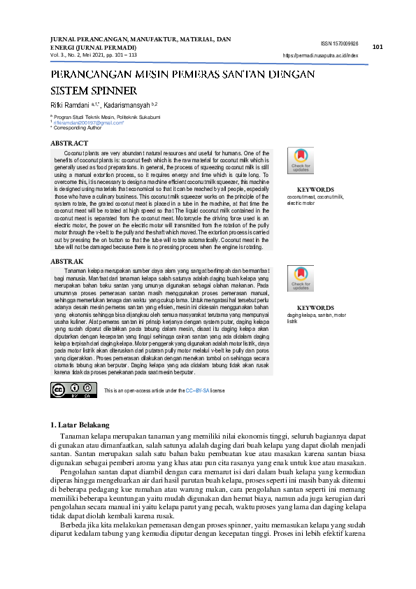 (PDF) Perancangan Mesin Pemeras Santan Dengan Sistem Spinner