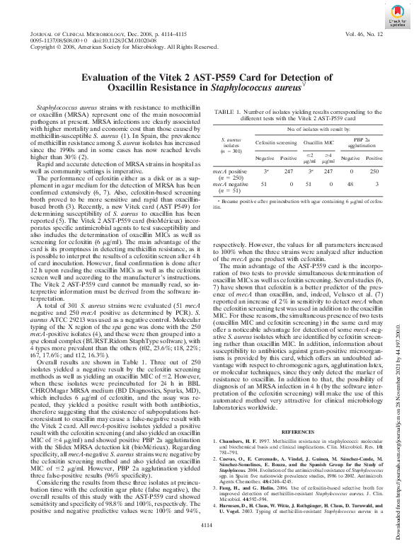(PDF) Evaluation of the Vitek 2 AST-P559 Card for Detection of Oxacillin Resistance in ...