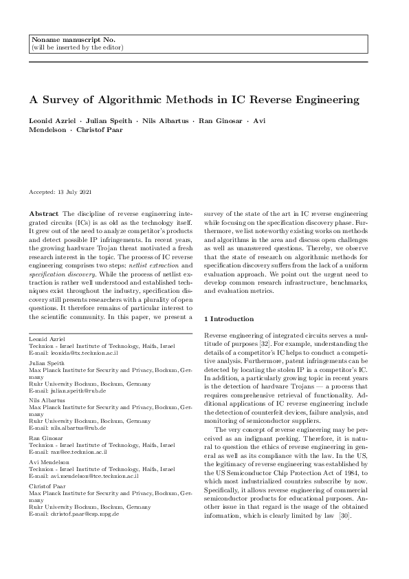 (PDF) A survey of algorithmic methods in IC reverse engineering