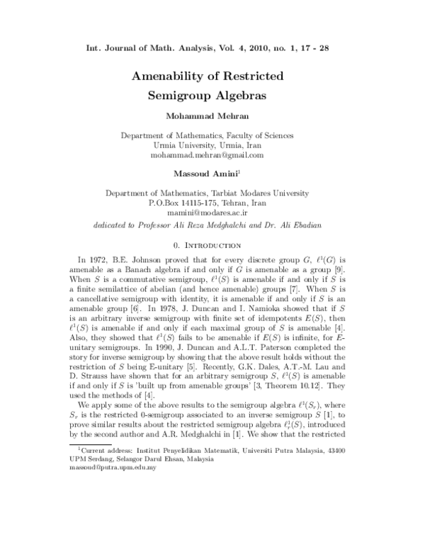 (PDF) Amenability of Restricted Semigroup Algebras | mohammad mehran ...