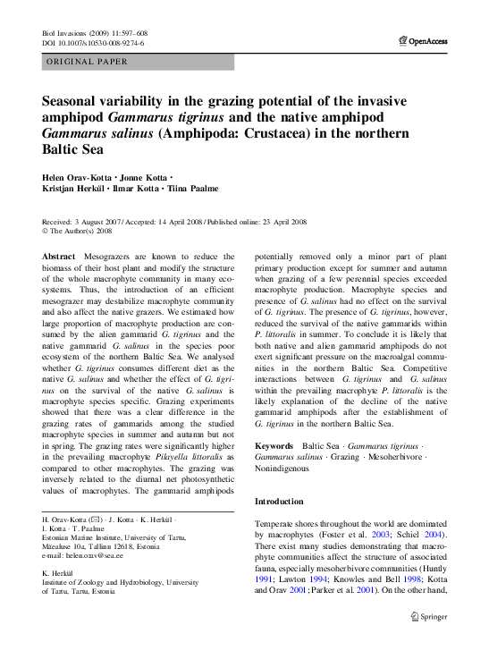 (PDF) Grazing Dynamics of Invasive vs. Native Amphipods