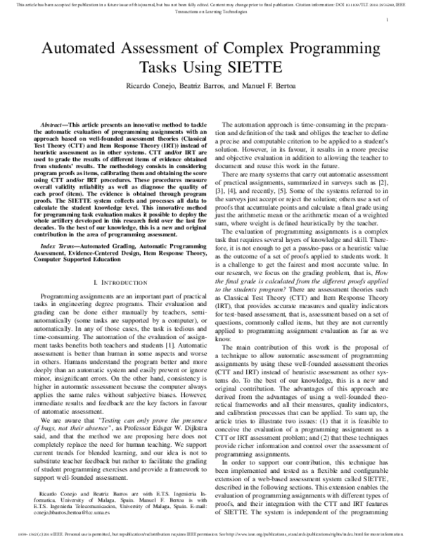 (PDF) Automated Assessment of Complex Programming Tasks Using SIETTE