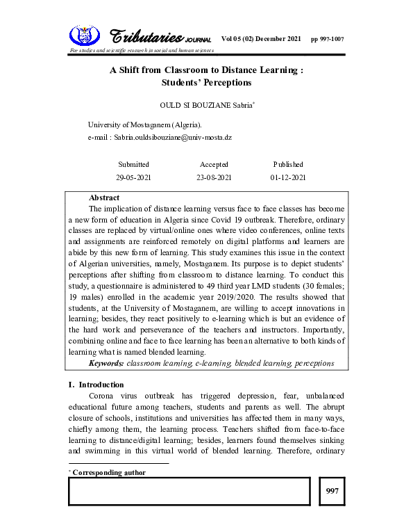 (PDF) A Shift from Classroom to Distance Learning : Students' Perceptions