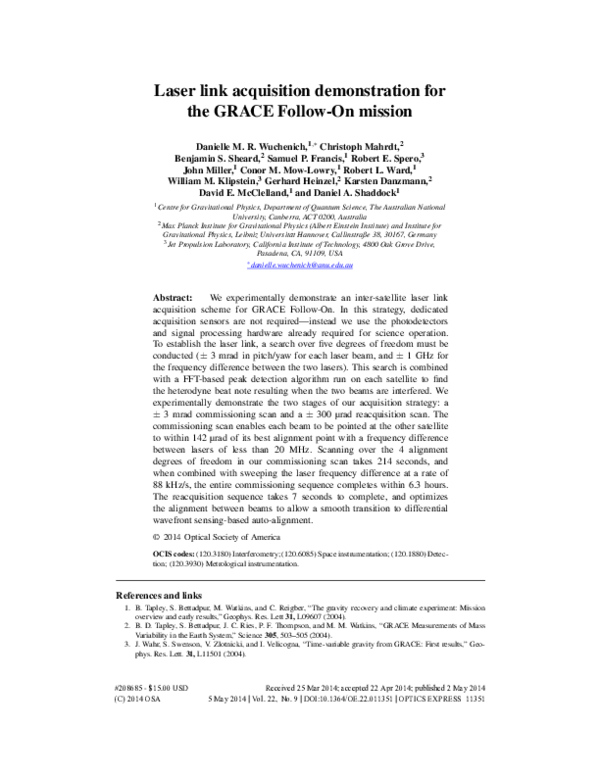 (PDF) Laser link acquisition demonstration for the GRACE Follow-On mission