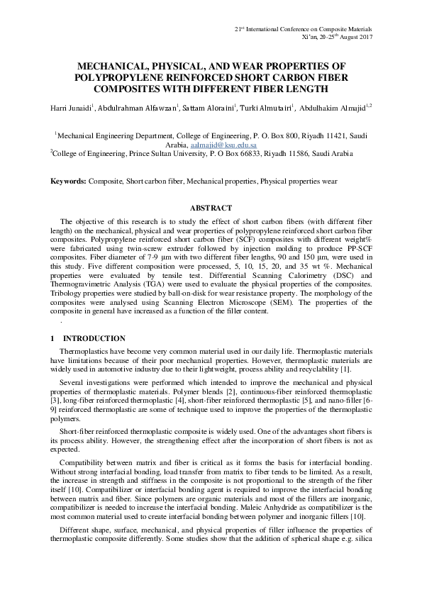 (PDF) Mechanical, Physical, and Wear Properties of Polypropylene Reinforced Short Carbon Fiber ...