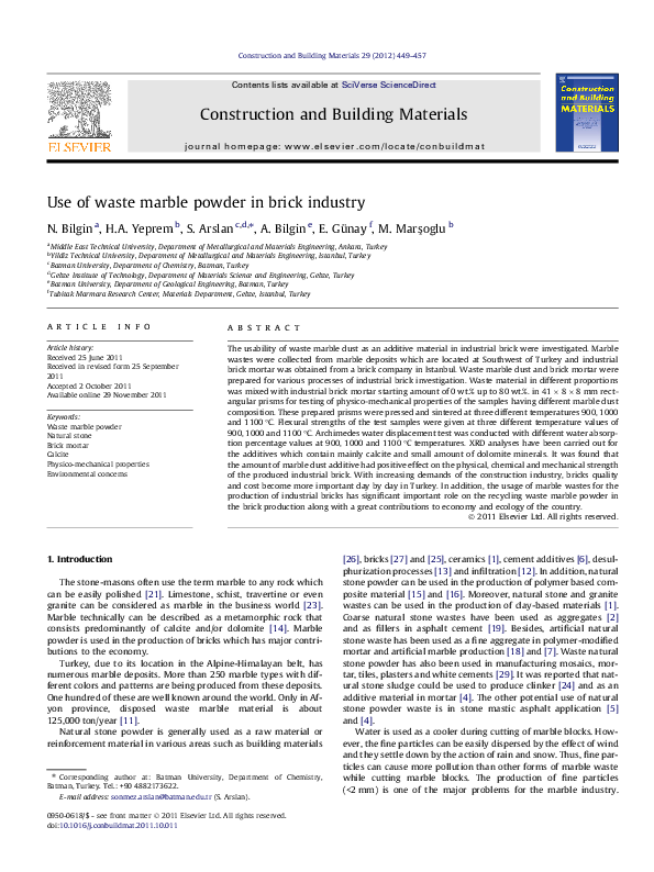 (PDF) Use of waste marble powder in brick industry