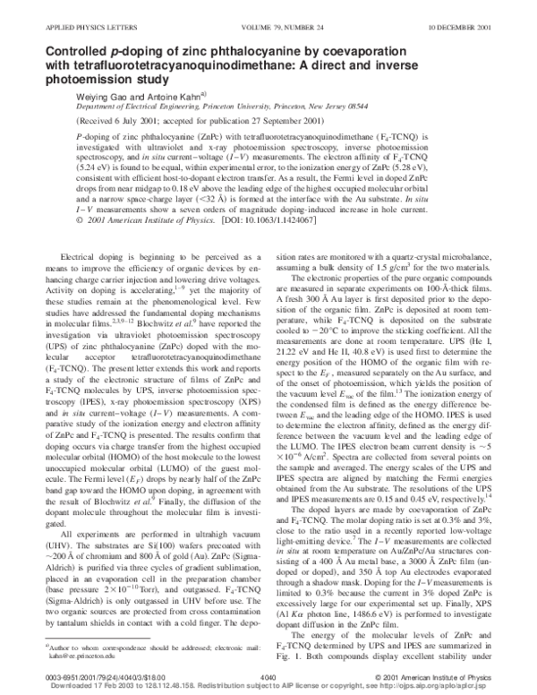 (PDF) Controlled p-doping of zinc phthalocyanine by coevaporation with ...