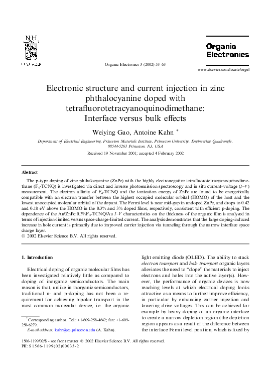 (PDF) Electronic structure and current injection in zinc phthalocyanine ...