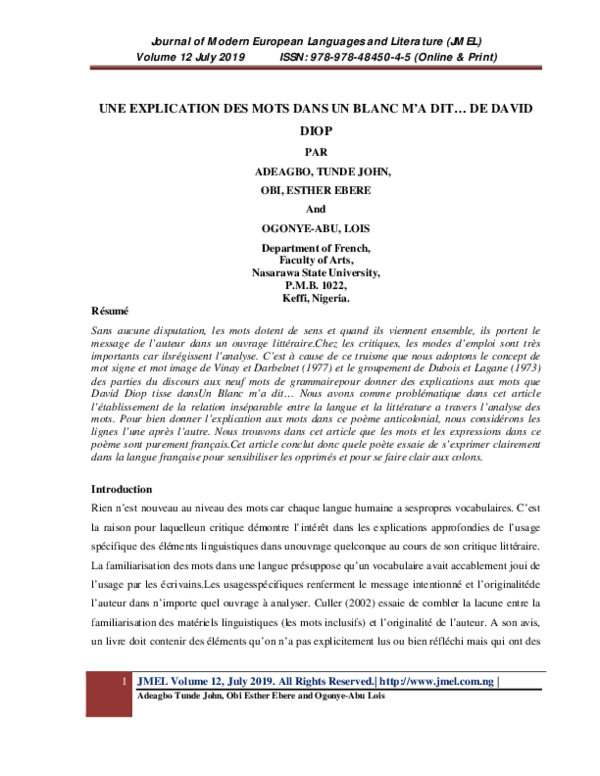 (PDF) Une Explication Des Mots Dans Un Blanc M’A Dit… De David Diop