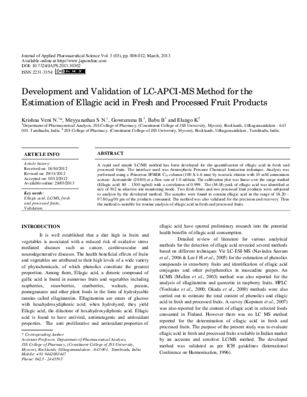 Pdf Development And Validation Of Lc Apci Ms Method For The Estimation Of Ellagic Acid In