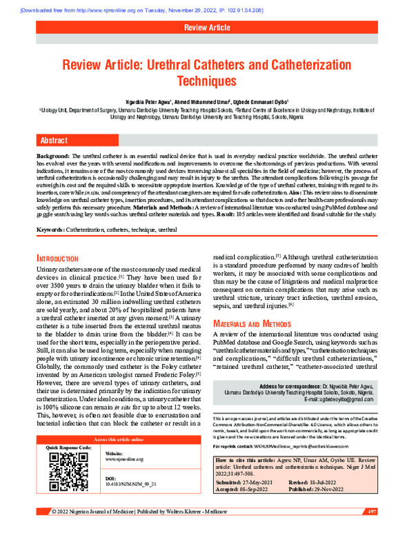 (PDF) Review Article: Urethral Catheters and Catheterization Techniques