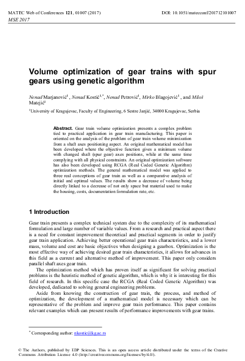 (PDF) Volume optimization of gear trains with spur gears using genetic algorithm