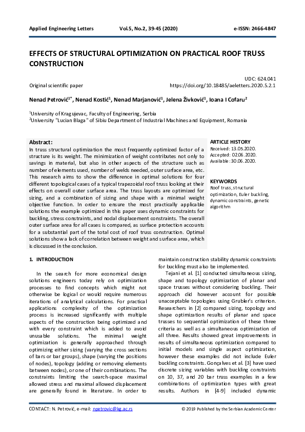 (PDF) Effects of Structural Optimization on Practical Roof Truss Construction