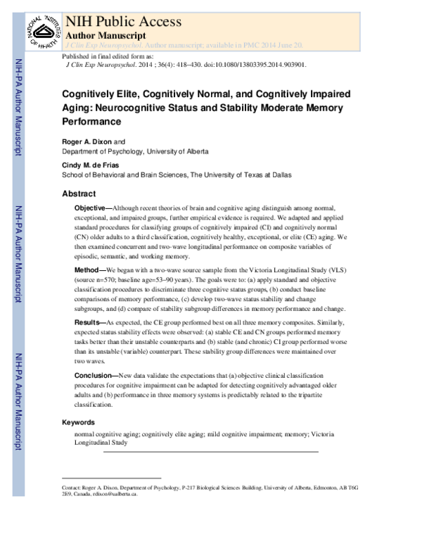 (PDF) Cognitively elite, cognitively normal, and cognitively impaired ...