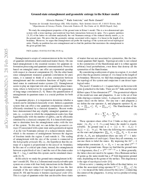 (PDF) Ground state entanglement and geometric entropy in the Kitaev model