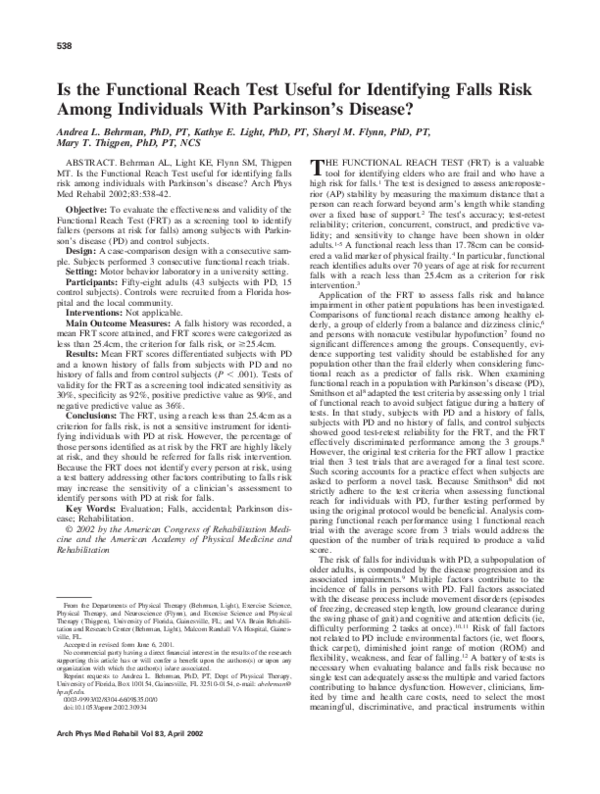 (PDF) Is the functional reach test useful for identifying falls risk ...