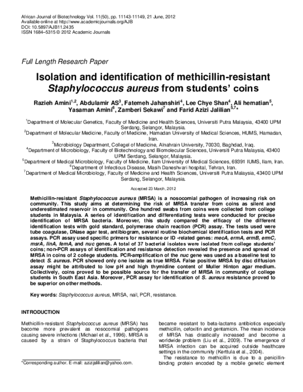 (PDF) Isolation and identification of methicillin-resistant Staphylococcus aureus from students ...