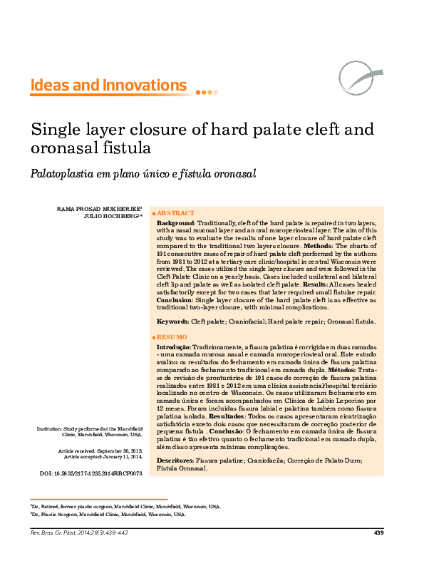 (PDF) Single layer closure of hard palate cleft and oronasal fistula