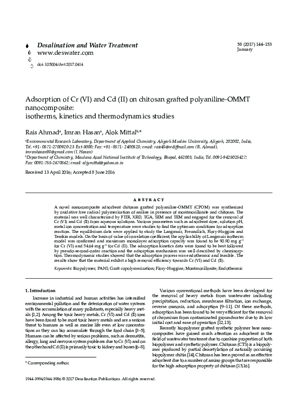 (PDF) Adsorption of Cr(VI) and Cd(II) on chitosan grafted polyaniline-OMMT nanocomposite ...