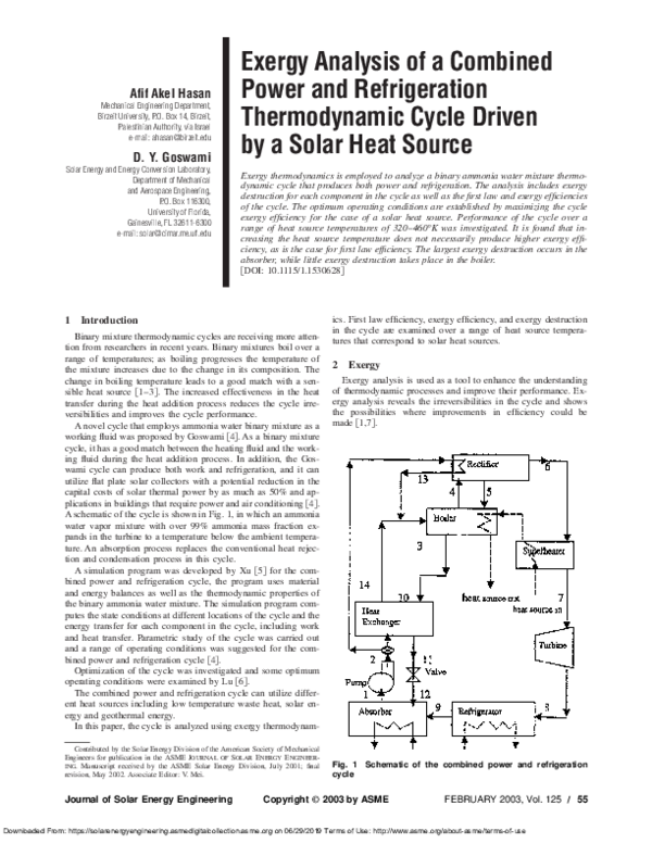 (PDF) Exergy Analysis of a Combined Power and Refrigeration Thermodynamic Cycle Driven by a ...