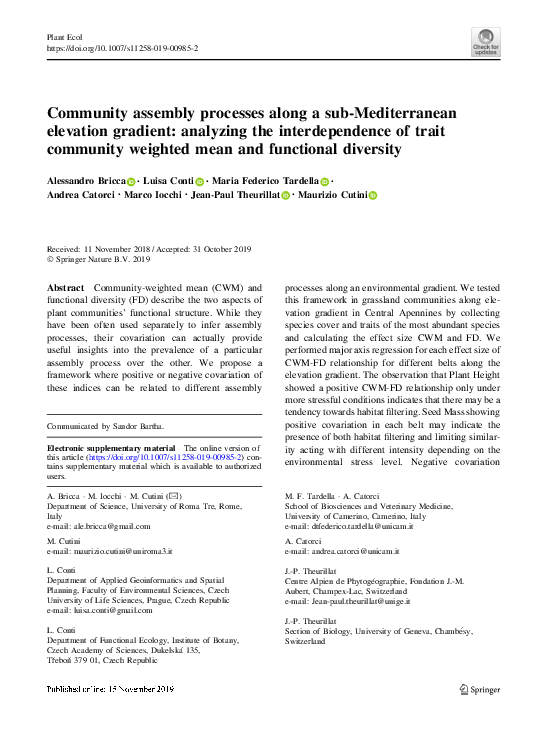 (PDF) Community assembly processes along a sub-Mediterranean elevation gradient: analyzing the ...