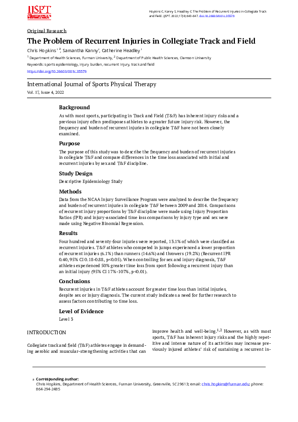 (PDF) The Problem of Recurrent Injuries in Collegiate Track and Field