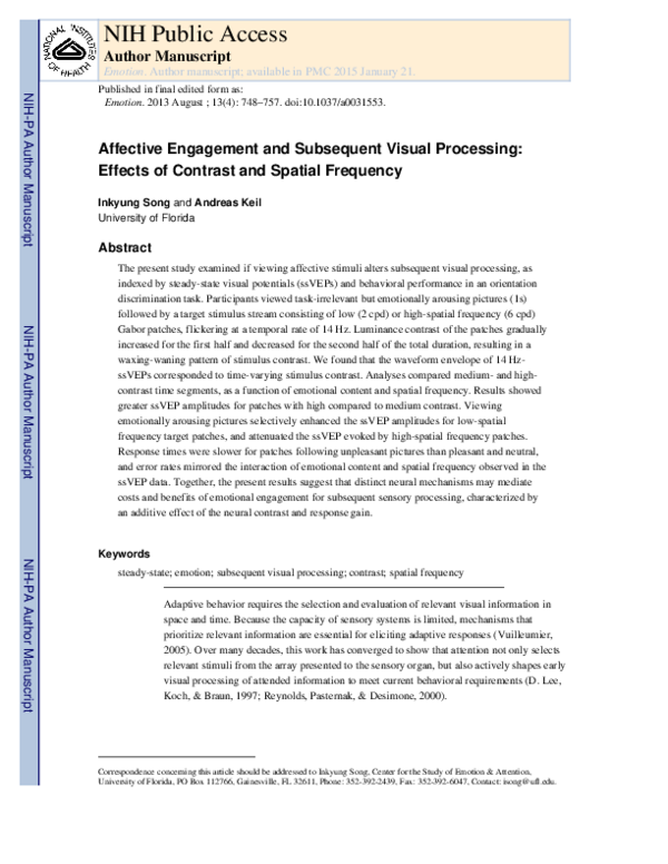 (PDF) Affective engagement and subsequent visual processing: Effects of contrast and spatial ...