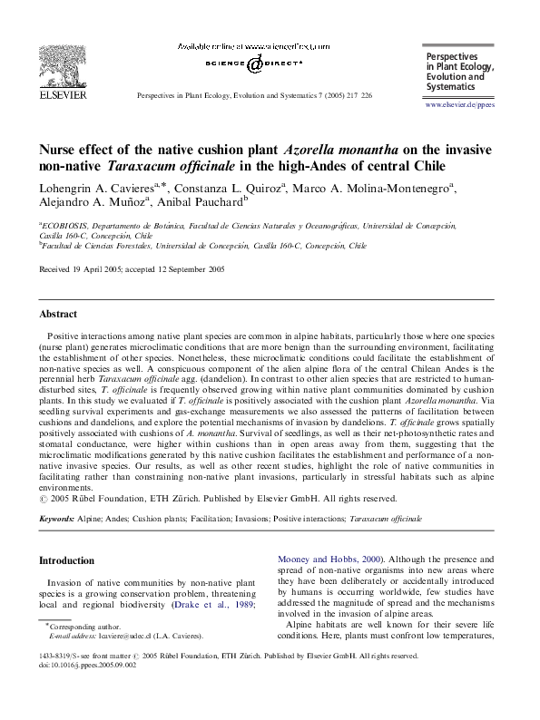 (PDF) Nurse effect of the native cushion plant Azorella monantha on the ...