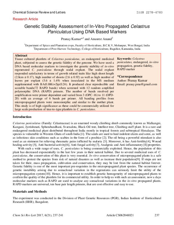 (PDF) Genetic Stability Assessment of In-Vitro Propagated Celastrus ...