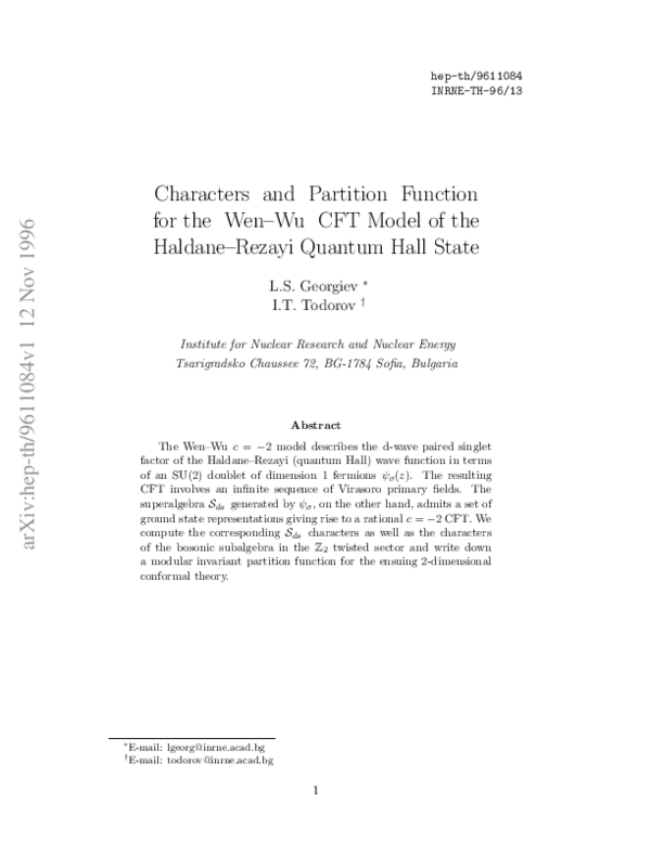 (PDF) Characters and partition function for the Wen-Wu CFT model of the ...