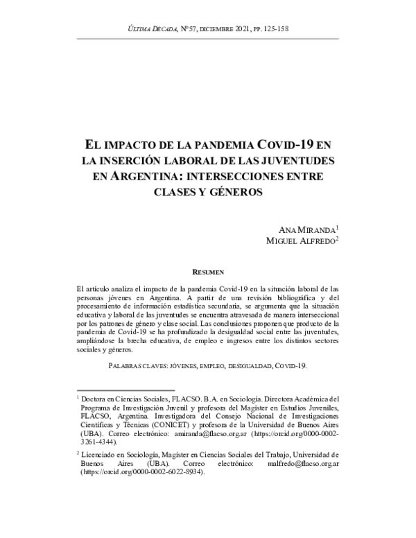 (PDF) El impacto de la pandemia Covid-19 en la inserción laboral de las juventudes en Argentina ...