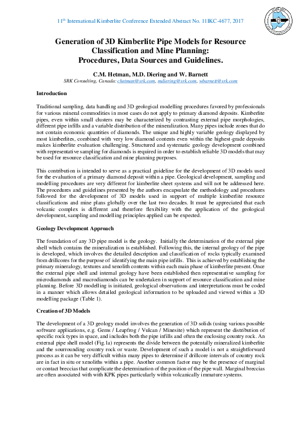 (PDF) Generation of 3D kimberlite pipe models for resource classification and mine planning ...