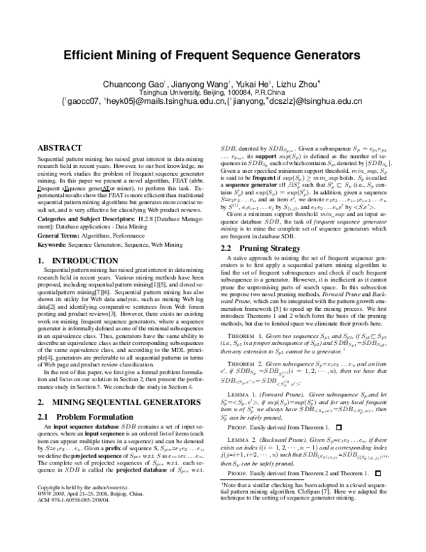 (PDF) Efficient mining of frequent sequence generators