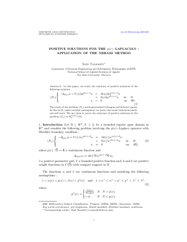 (PDF) Positive solutions for the $ p(x)- $Laplacian : Application of the Nehari method