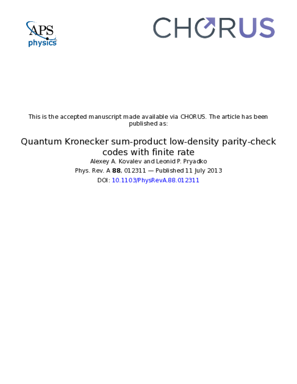 (PDF) Quantum Kronecker sum-product low-density parity-check codes with finite rate
