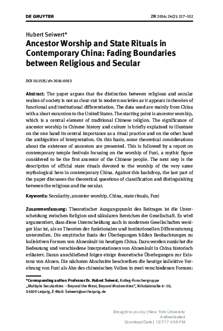 (PDF) Ancestor Worship and State Rituals in Contemporary China: Fading ...