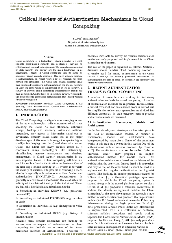 (PDF) Critical Review of Authentication Mechanisms in Cloud Computing