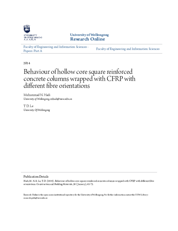 Pdf Behaviour Of Hollow Core Square Reinforced Concrete Columns Wrapped With Cfrp With
