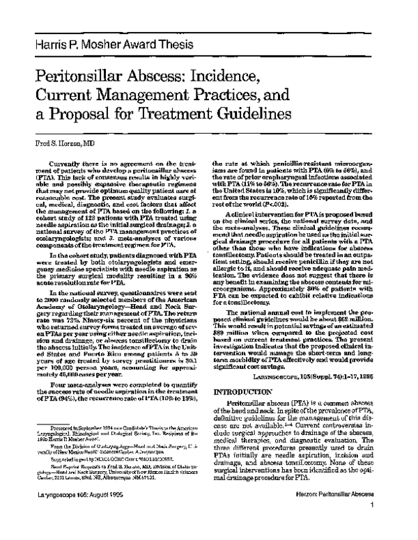 (PDF) Peritonsillar abscess: Incidence, current management practices ...