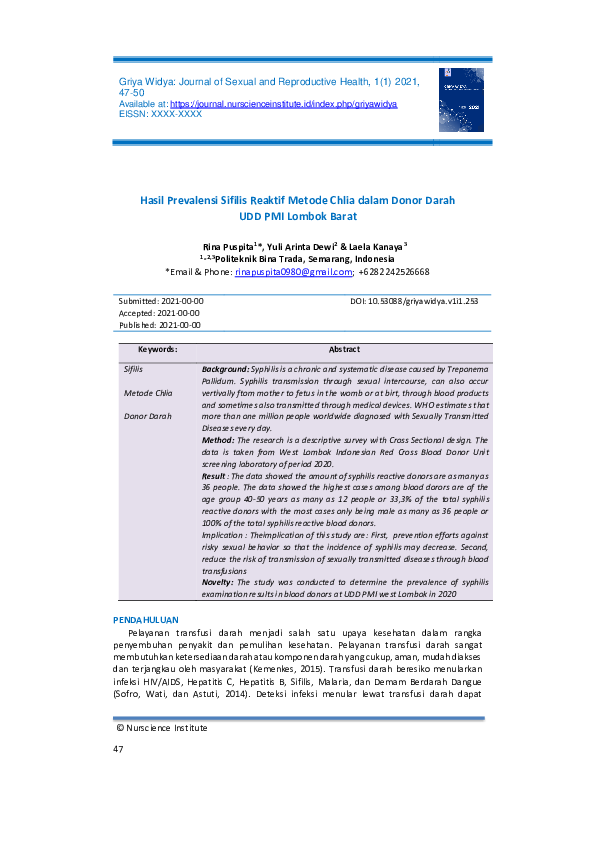(PDF) Hasil Prevalensi Sifilis Reaktif Metode Chlia dalam Donor Darah ...