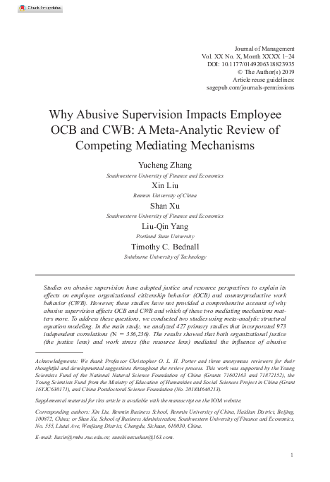 (PDF) Why Abusive Supervision Impacts Employee OCB and CWB: A Meta-Analytic Review of Competing ...