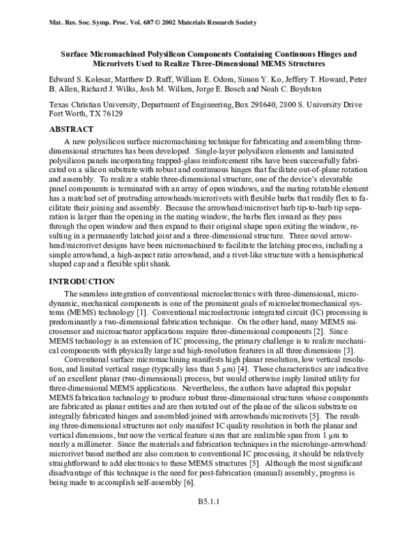 (PDF) 3D MEMS Fabrication with Hinges and Microrivets