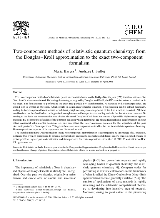 (PDF) Two-component methods of relativistic quantum chemistry: from the ...