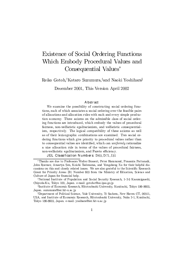 (PDF) Existence of Social Ordering Functions Which Embody Procedural Values and Consequential ...