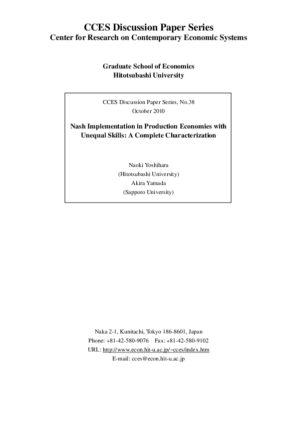 (PDF) Nash implementation in production economies with unequal skills: a characterization