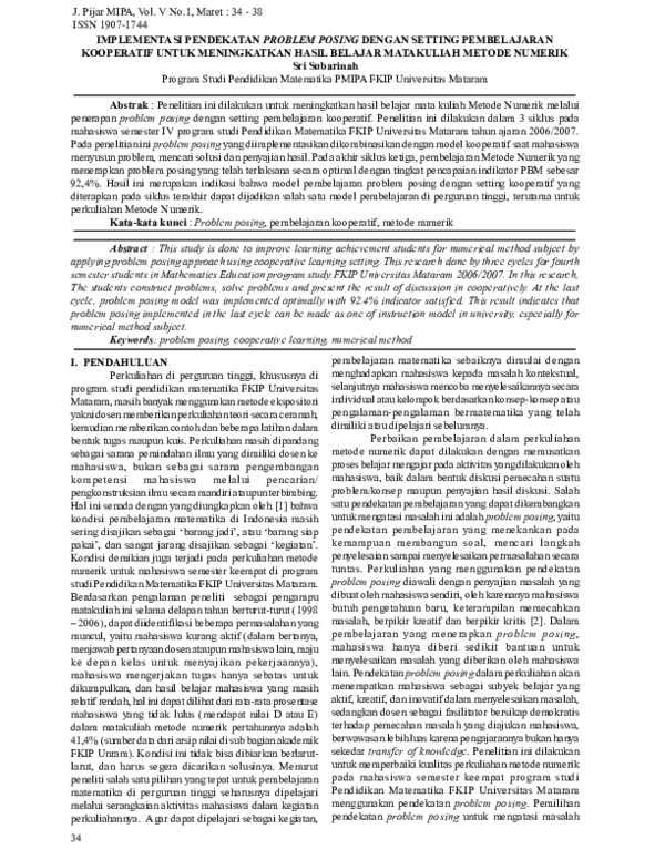 (PDF) Implementasi Pendekatan Problem Posing Dengan Setting Pembelajaran Kooperatif Untuk ...